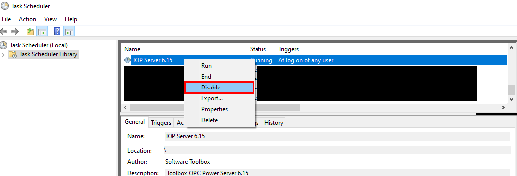 TOP Server Administration Tool Window Task Scheduler